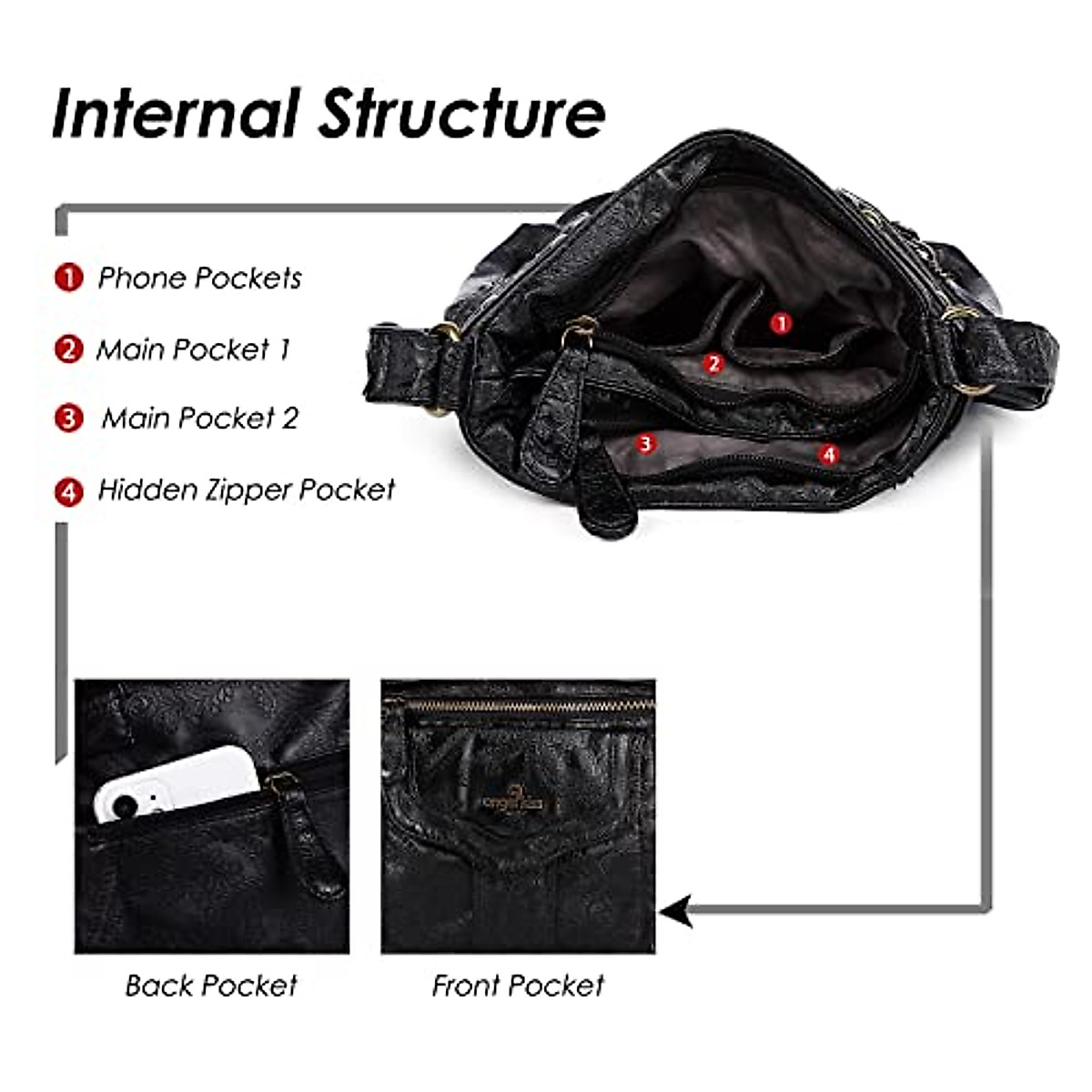 Angel Kiss Crossbody Purse for Women Multi Pockets Bags Retro Vegan Designer Leather Women's Shoulder Handbags (Black)