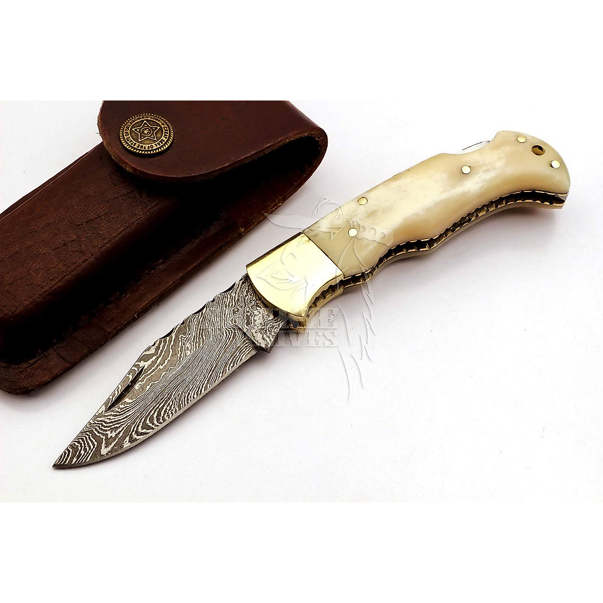 Skokie Knives Custom Hand Made Damascus Steel Hunting Folding Knife Handle Camel Bone