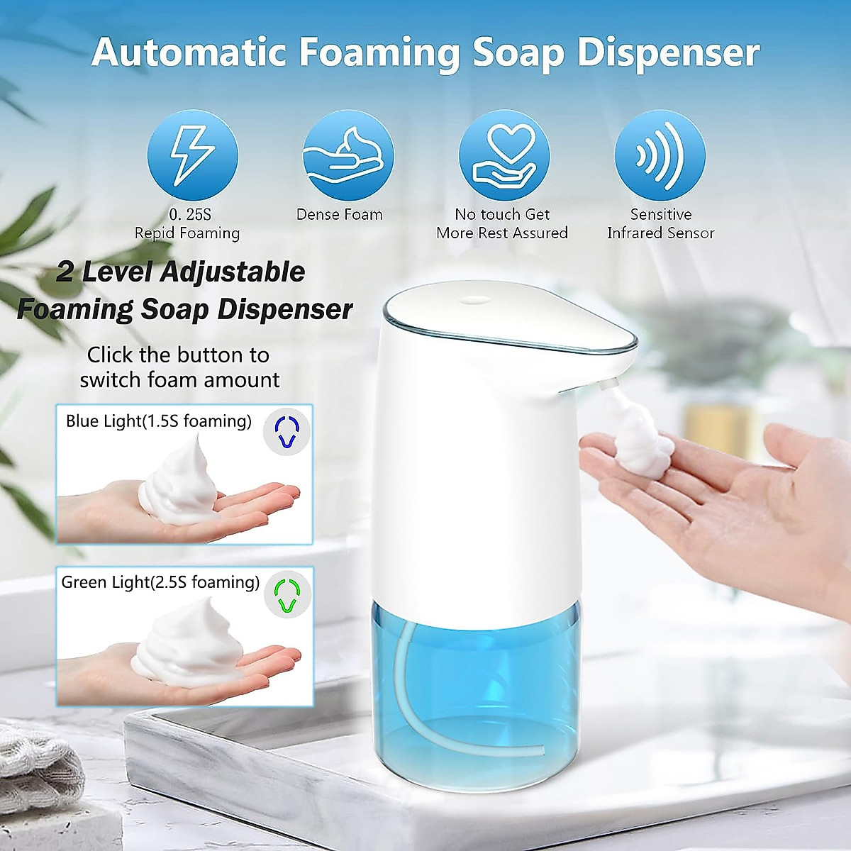 Higoney Automatic Foaming Soap Dispenser, 16.9oz/500ML Touchless Hand Soap Dispenser& Dish Soap Dispenser,2 Gear Foaming Adjustable, USB Rechargeable, for Bathroom, Kitchen, Office, Hotel