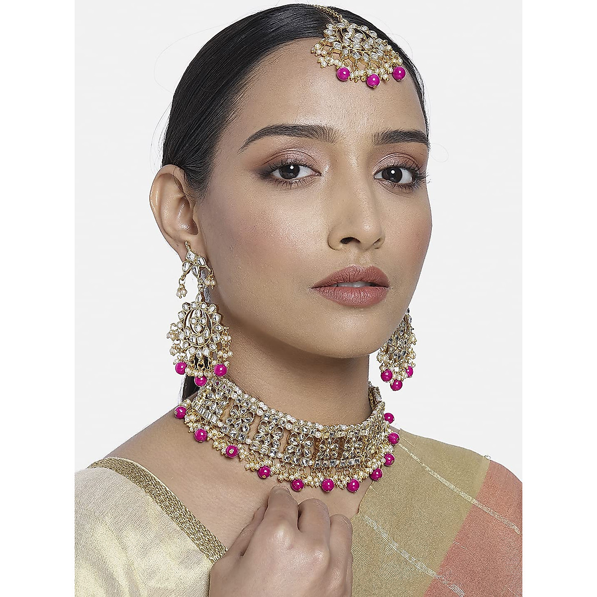 Aheli Elegant Indian Faux Kundan Studded Choker Necklace with Maang Tikka Set Ethnic Wedding Wear Fashion Jewelry for Women (Rani Pink)