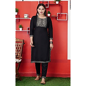 COTTON HTHRANG Indian Women's Tunic Tops Straight Rayon Black Kurtis Pant Sets W Chiffon Dupatta/A-Line Kurti Tunics
