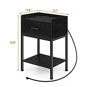 Nightstand with Charging Station and USB Ports, 3 Tier Small Bedside Table with Drawer and Storage Shelf Rustic Night Stand for Small Space, Living Room, Bedroom, Black