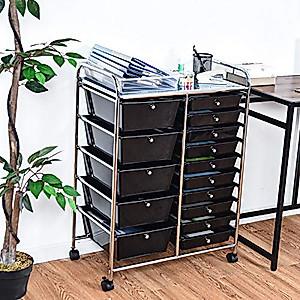 15 Drawer Rolling Storage Cart, Mobile Utility Cart with Lockable Wheels, Drawers, Multipurpose Organizer Cart for Home, Office, School, Black