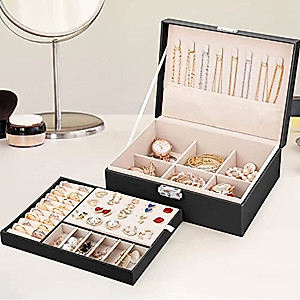 GOLVER Two Layer Jewelry Organizer for Women Girls Jewelry Box for Earring Necklaces Watch Ring Bracelet With An Extra Small Jewelry Case for Travel Black (2 Pack)