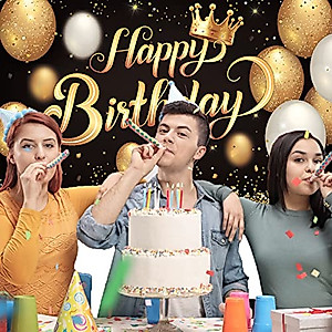 Happy Birthday Backdrop Banner 2 Pieces Large Black and Gold Happy Birthday Sign Birthday Photography Supplies Indoor Outdoor Birthday Party Decorations for Children Men Women Celebration