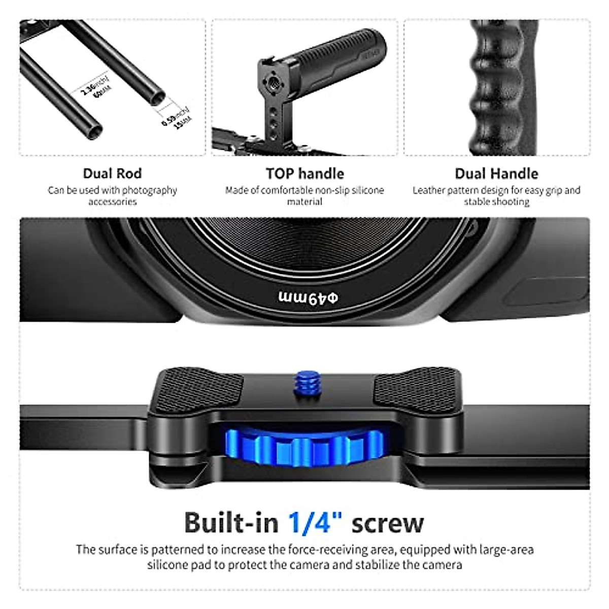 NEEWER Aluminum Alloy Camera Cage, Filmmaking Rig with Top Handle, Dual Grips & Arca Type Base, Compatible with Sony A7S III A7IV A6600 Canon EOS R5C R5 R6 DSLR/Mirrorless Cameras - VS107, Blue