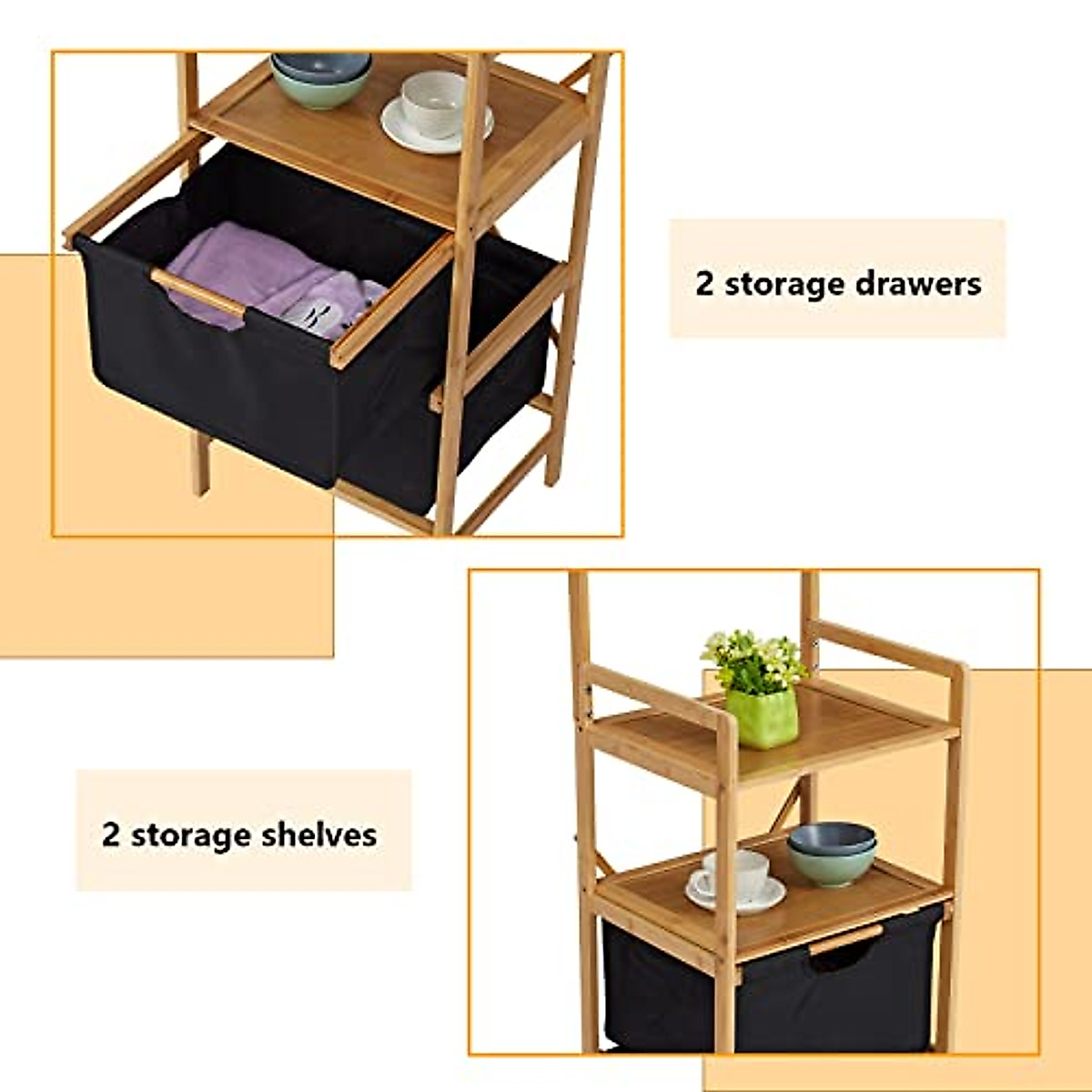 Kinfant Bamboo Standing Shelf Rack - Bathroom Shelf with Mirror and Drawer Hamper, Multifunctional Storage Rack, Natural