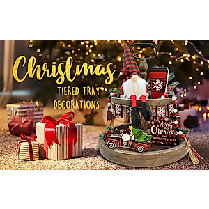 Christmas Tiered Tray Decorations, Christmas Wooden Signs & Gnome Plush Decor Buffalo Plaid 6 PCS for Home Indoor Table, Xmas Tabletop Farmhouse Rustic for Home Kitchen Holiday