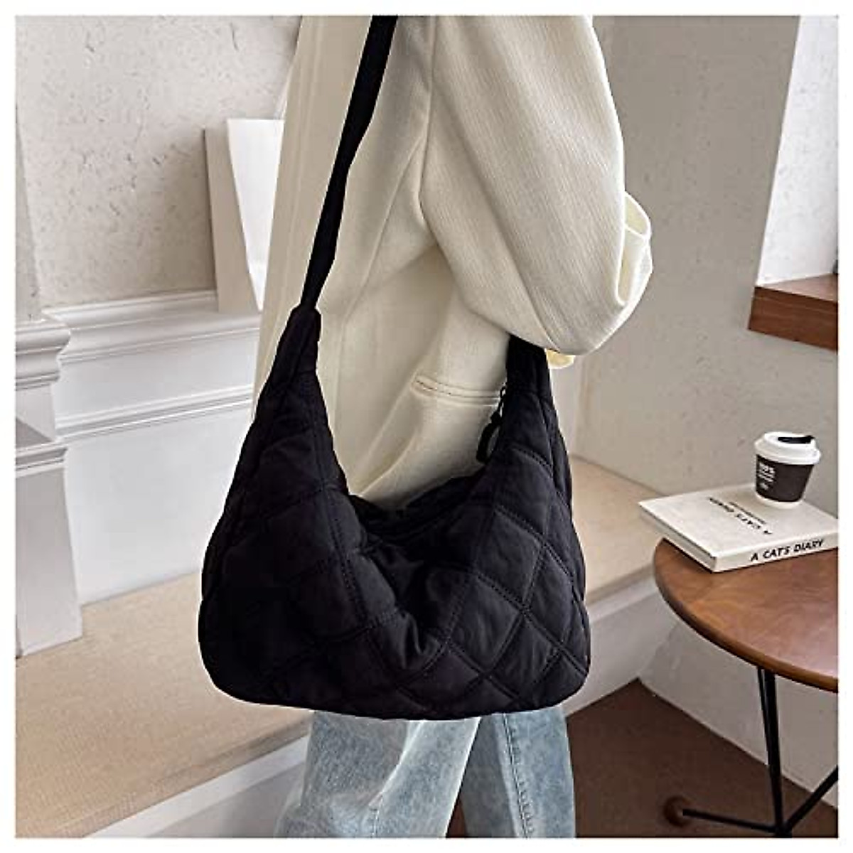 Retro Embroidered Plaid Nylon Shoulder Bag Tote Bag for Fall Winter, Aesthetic Harajuku Handbag Fluffy Y2k Messenger Bag (Black)