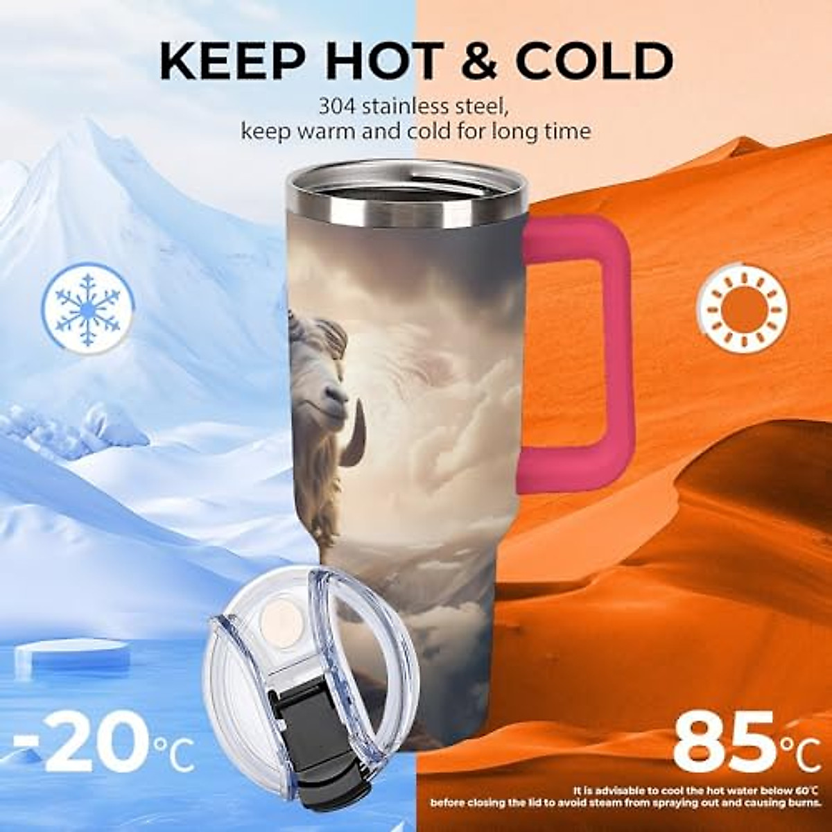 Aries 40 Oz Car Cup Stainless Steel Travel Mug Leak-Proof Insulated Tumbler with Handle Light Rose Red-style