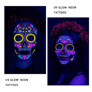 8 sheets Luminous Halloween Face Tattoos Glow in The Dark Day of the Dead Full Face Tattoos Waterproof Decorations Sugar Skull Stickers UV Glow Neon Mask Tattoo for Masquerade and Parties
