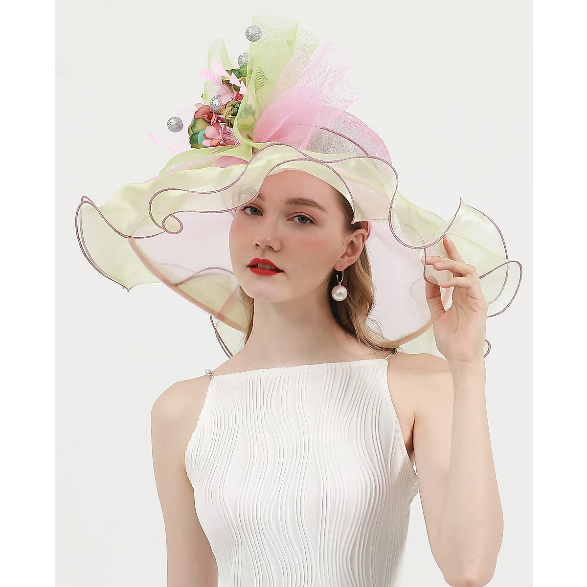 RZTA Women's Kentucky Derby Church Dress Hat Wide Brim Leaf Flower Bridal Shower Hat E3-Beige,Pink