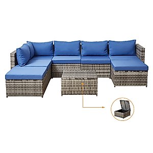 INSTORY 8 Pieces Outdoor Patio Sofa Sets All Weather Weaving Sectional Couch Furniture PE Rattan Wicker Patio Conversation Set with Storage Table (Brown Rattan,Blue)