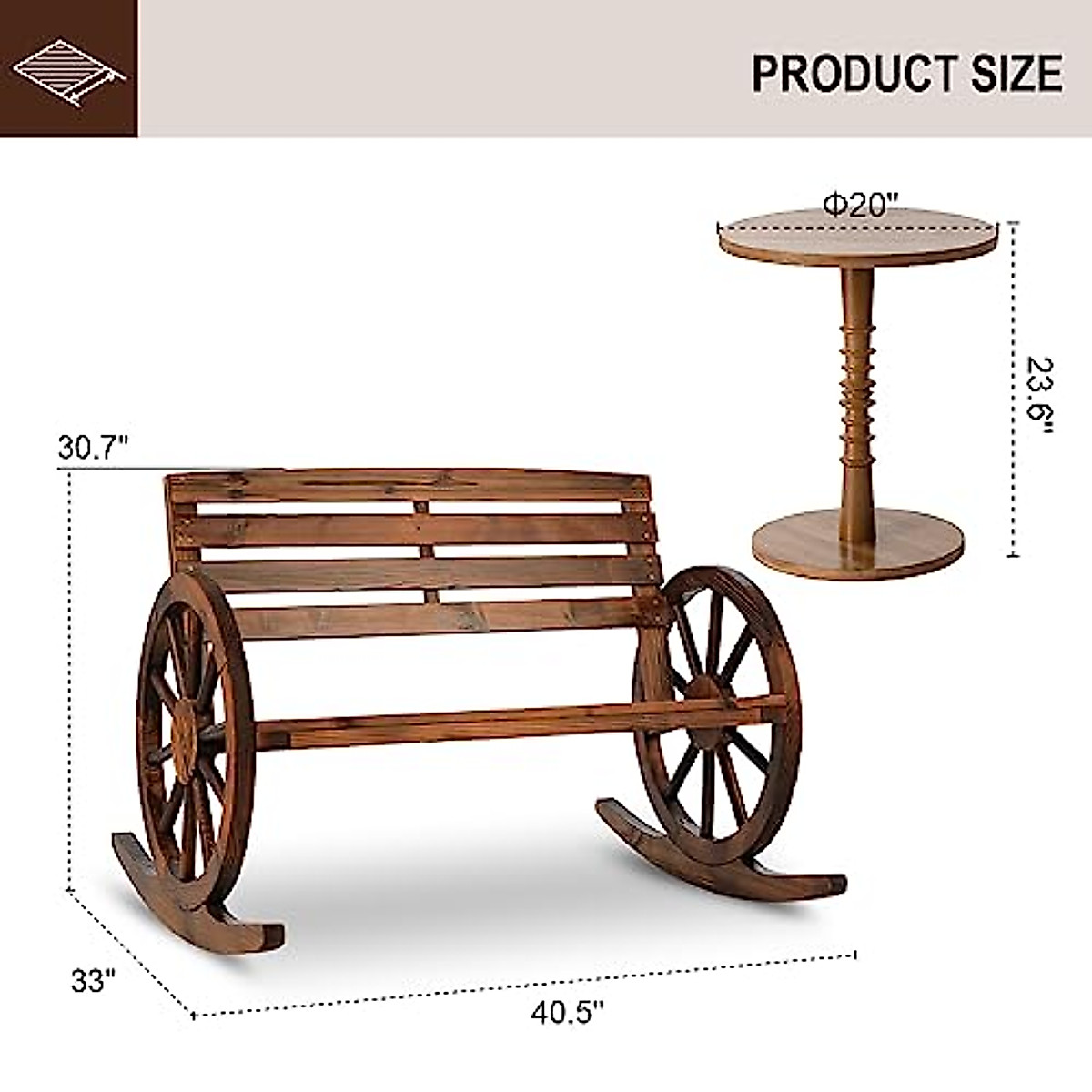 FURNDOOR Outdoor Rocking Chair with Table - Wooden Wagon Wheel Rocking Chairs Patio Double Rocker Chair Wood Patio Bistro Set for Porch Bench, Rustic