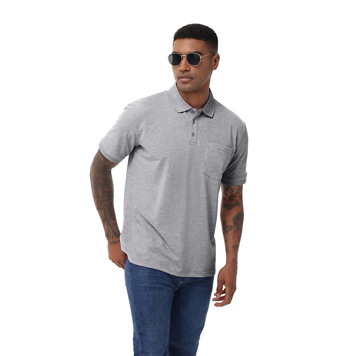 TIHEEN Men's Short Sleeve Moisture Wicking Performance Golf Polo Shirts with Pocket(XL,Grey)