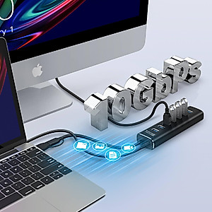 Powered USB Hub, Rosonway 7 Ports USB 3.1/3.2 Gen 2 Hub 10Gbps with 3.3ft USB-A/USB-C Data Cable, Individual Switches and 24W Power Adapter, Aluminum USB C Hub for Laptop and PC, RSH-A107