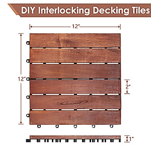 PrimeZone 108 PCS Solid Acacia Wood Interlocking Patio Deck Tiles - 12" x 12" Indoor Outdoor Waterproof Flooring Tiles for Balcony, Backyard, Garden & Poolside, All Weather Use, Brown
