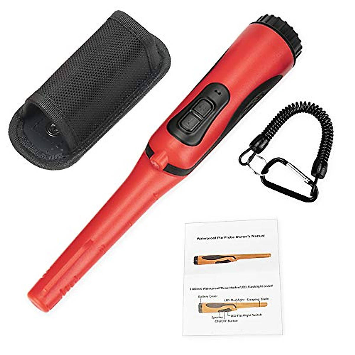 Fully Waterproof Portable Pinpointing Gold Metal Detector with LED Flashlight, 360 Degree Searching Pinpointer, IP68 Underwater to 5m/16.4feet Treasure Hunter for Adults and Kids, Three Modes, Red