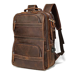 LANNSYNE Vintage Genuine Leather Backpack For Men 15.6 Inch Laptop Bag School Bag Overnight Weekender Camping Daypack Rucksack