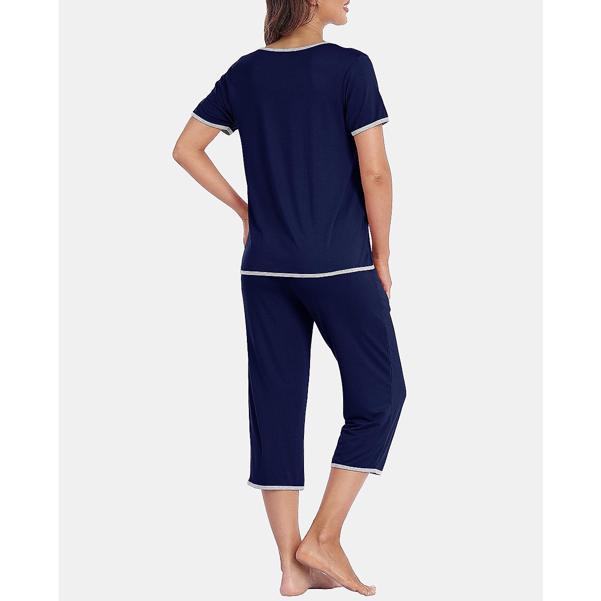 JINSHI Ladies Jammies Cooling Pj's Short Sleeve And Capri Pants with Pockets for Girlfriend Womens Pajamas Summer Navy S