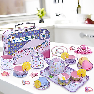 Tea Party Set for Little Girls,PRE-WORLD Princess Tea Time Toy with Food Sweet Treats Playsets,Dress Up Accessories Cloak Necklace Bracelet Jewelry Set, Kids Kitchen Pretend Play for Girls Age 3-6
