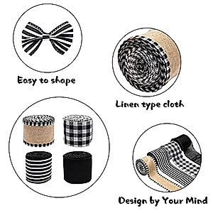 MALLMALL6 4 Rolls Farmhouse Wired Edge Faux Burlap Ribbons 2.5" x 30 Yards Plaid Check Black White Gray Stripe Ribbon Linen Sackcloth Crafts for Flower Wreath Floral Bouquet Wrapping Home Decor
