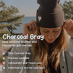 Atticus Poetry Cuffed Beanie for Women, Lightweight Acrylic Beanie for Year Round Wear - with Patch or Embroidered- One Size - Dark Grey Heart