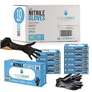 CLEAN SPACE PROJECT Nitrile Gloves - Disposable, Non-Latex and Powder Free, Food Safe Cooking Gloves - Black Gloves for Cleaning, Tattooing, Painting, Detailing & Repair (Medium, Case of 1000)