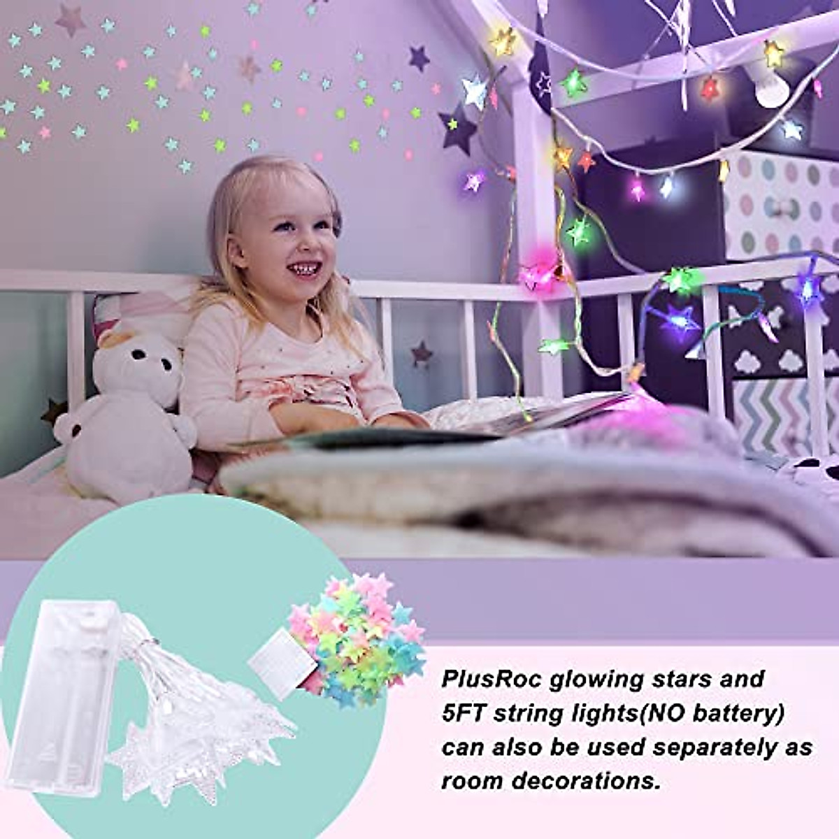 PlusRoc Stuffed Animal Storage Net Or Hammock With LED Star Light And Glow Stars, (Purple) Corner Toy Organizer Holder Bags For Kids Room Bedroom Wall Décor