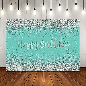 Breakfast Blue and Sliver Birthday Photography Backdrop Sweet 16th 21st Shiny Diamonds Background Girls Adult Women Happy Birthday Party Decorations Cake Table Banner Photo Booth Props 7x5ft