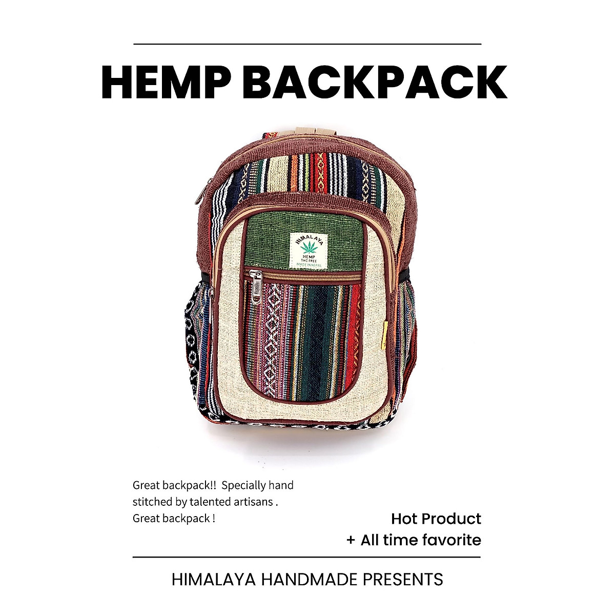 Unique design Himalaya Hemp Hippie Backpack Festival Backpack Hiking Backpack FAIR TRADE Handmade with Love. (BROWN)