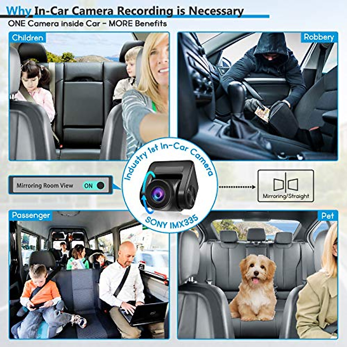 PORMIDO Triple Mirror Dash Cam 12" with Detached Front and in-Car Camera,Waterproof Backup Rear View Dashcam Anti Glare 1296P IPS Touch Screen with Sony Sensor,Starvis Night Vision,GPS,Parking Assist