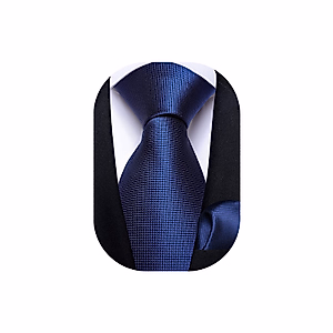 DiBanGu Mens Solid Color Tie and Pocket Square Set Woven Silk Plain Necktie & Handkerchief for Men Wedding Party Formal, Navy Blue