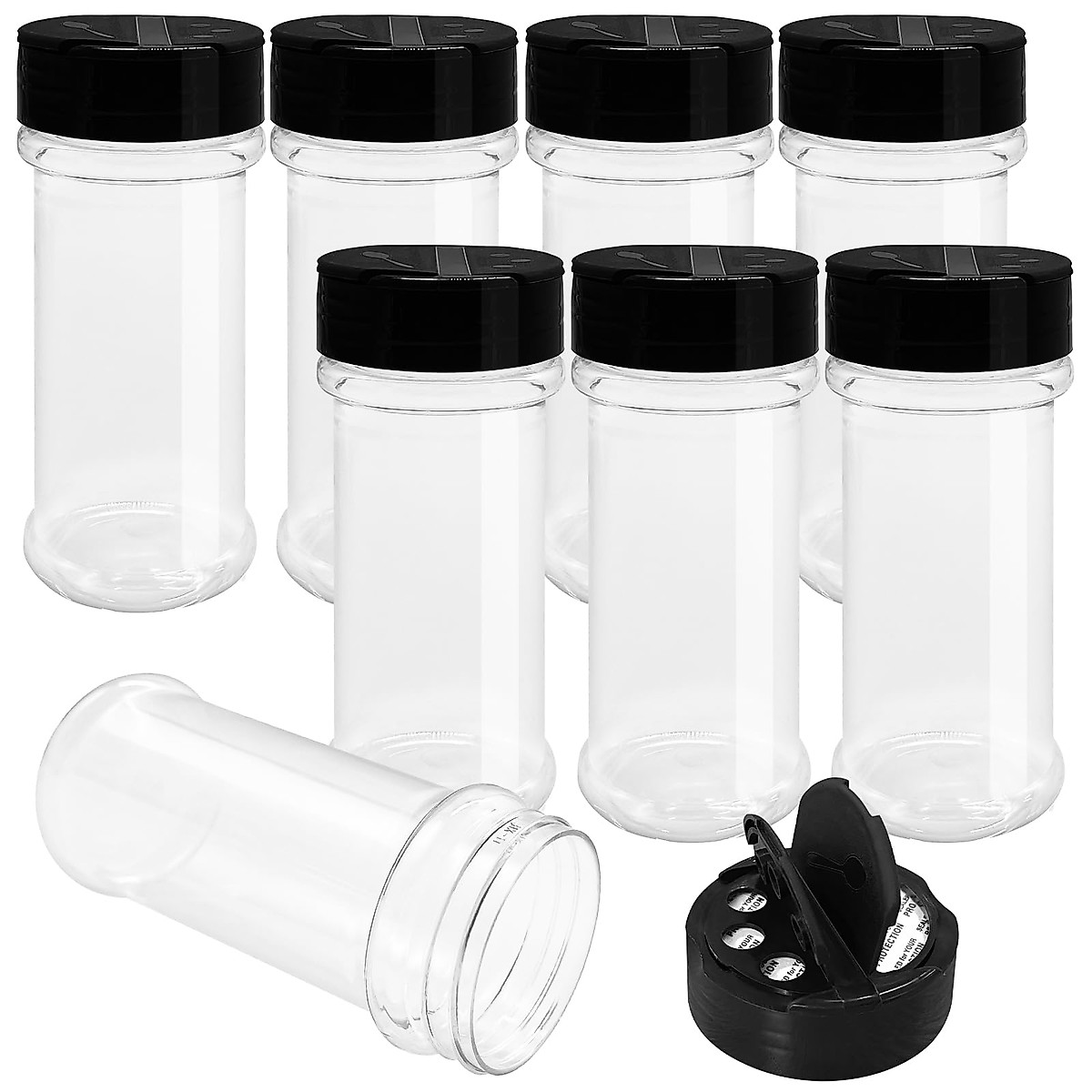 OJYUDD 8 Pack 5.5 Oz Plastic Round Spice Bottles with Black Shaker Lids,Reusable Seasoning Containers Jars,Clear Plastic Bottle Containers with Shaker Lids for Powders,Spice,Herbs,Glitters