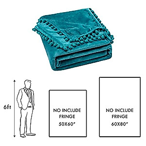 MIULEE Fleece Blanket with Pompom Fringe, Soft Cozy Lightweight Flannel Bed Blanket Fuzzy Plush Warm Teal Blanket Decorative Tassel for Couch Sofa, Throw Size 50"x60", Turquoise Blue