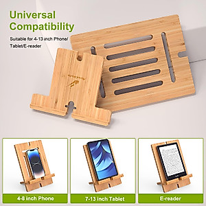 Pezin & Hulin Bamboo Tablet Stand Adjustable, Desktop Cell Phone Stand Holder Dock Compatible with Pad 9.7, 10.5, 12.9, Air 2 3 4 Mini, E-Reader, Phone 8 Plus X XS Max XR (Support to 4.7-13" Devices)