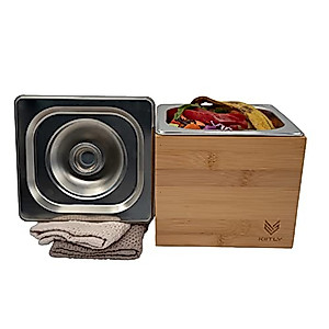 KIITLY | Countertop Compost Bin for Kitchen - Indoor Composter with Lid | Smell Proof, Odorless, and Stainless Steel Food Scrap Container with Wood Box (Bamboo, Small)