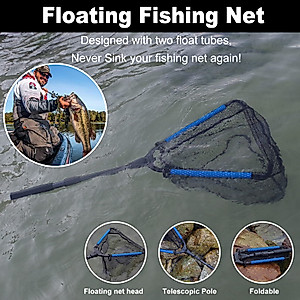 PLUSINNO Floating Fishing Net for Fly, Kayak, Catfish, Bass,Steelhead, Salmon, Trout Fishing, Portable Foldable Collapsible Telescopic Fish Landing Net, Fishing Gifts for Men Dad Grandpa