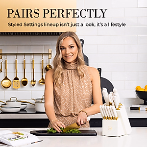 Gold Knife Set with Block Self Sharpening - 14 PC Luxurious Titanium Coated Gold and Off-White Kitchen Knife Set and White Knife Block with Sharpener, White and Gold Kitchen Accessories and Decor