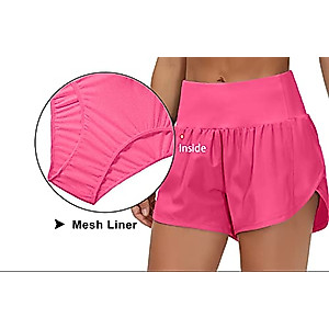 THE GYM PEOPLE Womens High Waisted Running Shorts Quick Dry Athletic Workout Shorts with Mesh Liner Zipper Pockets (Bright Pink, Small)