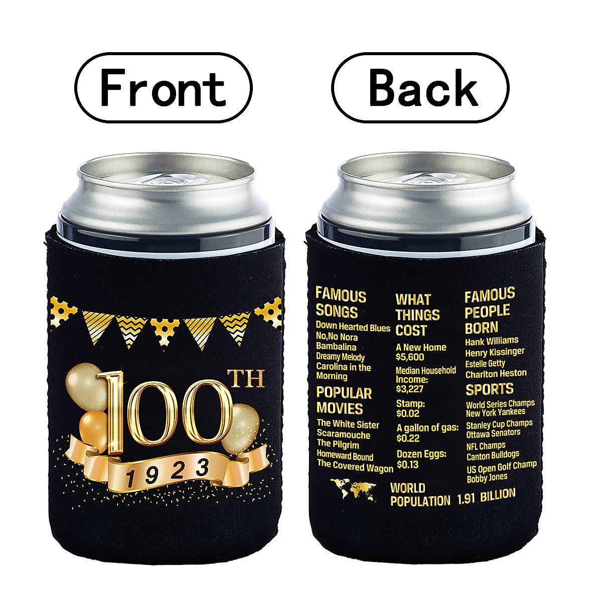 Yangmics 100th Birthday Can Cooler Sleeves Pack of 12-1923 Sign - 100th Anniversary Decorations - Dirty 100th Birthday Party Supplies - Black and Gold Seventieth Birthday Cup Coolers