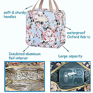 Lunch Bag Tote Bag for Women & Men -Set of 3 - Reusable Lunch Box Water-resistant Cooler Bag Insulated Lunch Container (Blue with Flowers)
