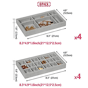 DIOMMELL 8 Pack Stackable Velvet Jewelry Trays Organizer, Jewelry Storage Box Display Trays Showcase Holder Closet Dresser Drawer Organizer for Earring Necklace Bracelet Ring Accessary