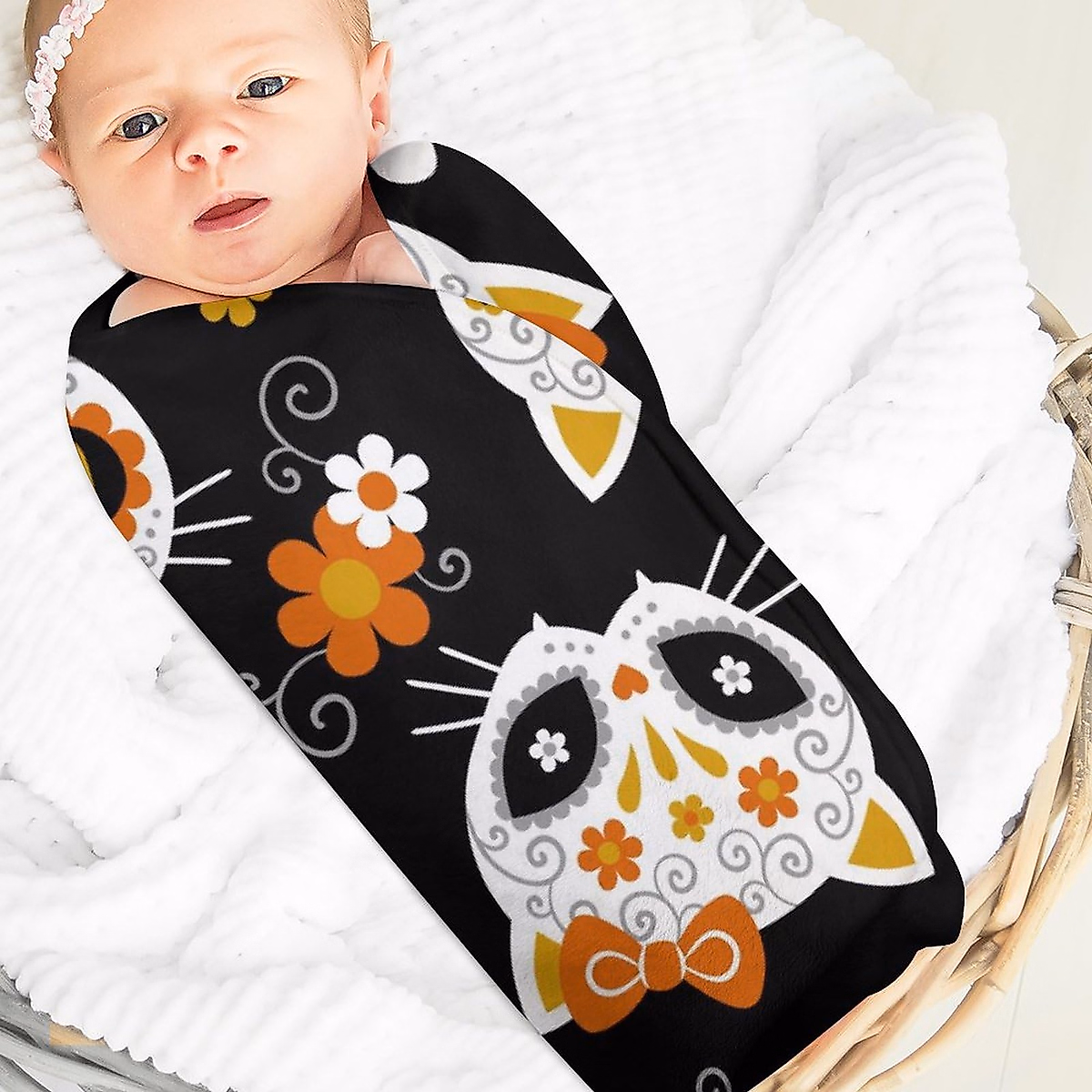 LAKIMCT Cute Sugar Skull Cat Round Soft Baby Blankets for Boys Girls, Newborn Blanket for Suitable for Swaddling Sleep Stroller Cover Nursery Blanket, 35 Inch