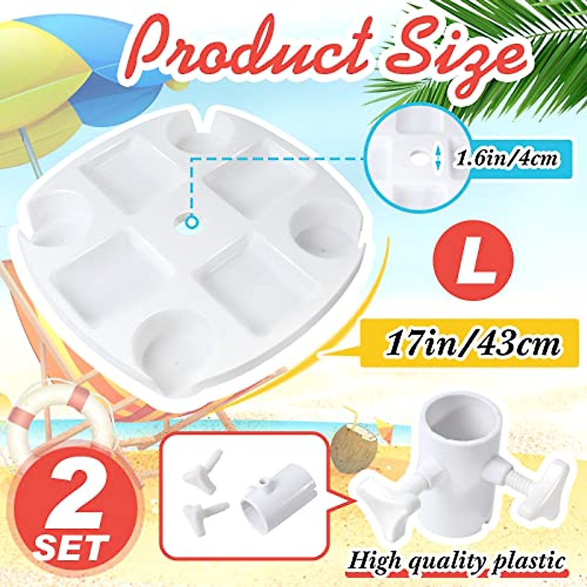 2 Pcs Beach Umbrella Table Tray Outdoor Beach Umbrella Table Swimming Pool Table Beach Umbrella Tray with 4 Cup Holders 4 Snack Compartments for Beach Patio Garden Swimming Pool, White (17 Inch)