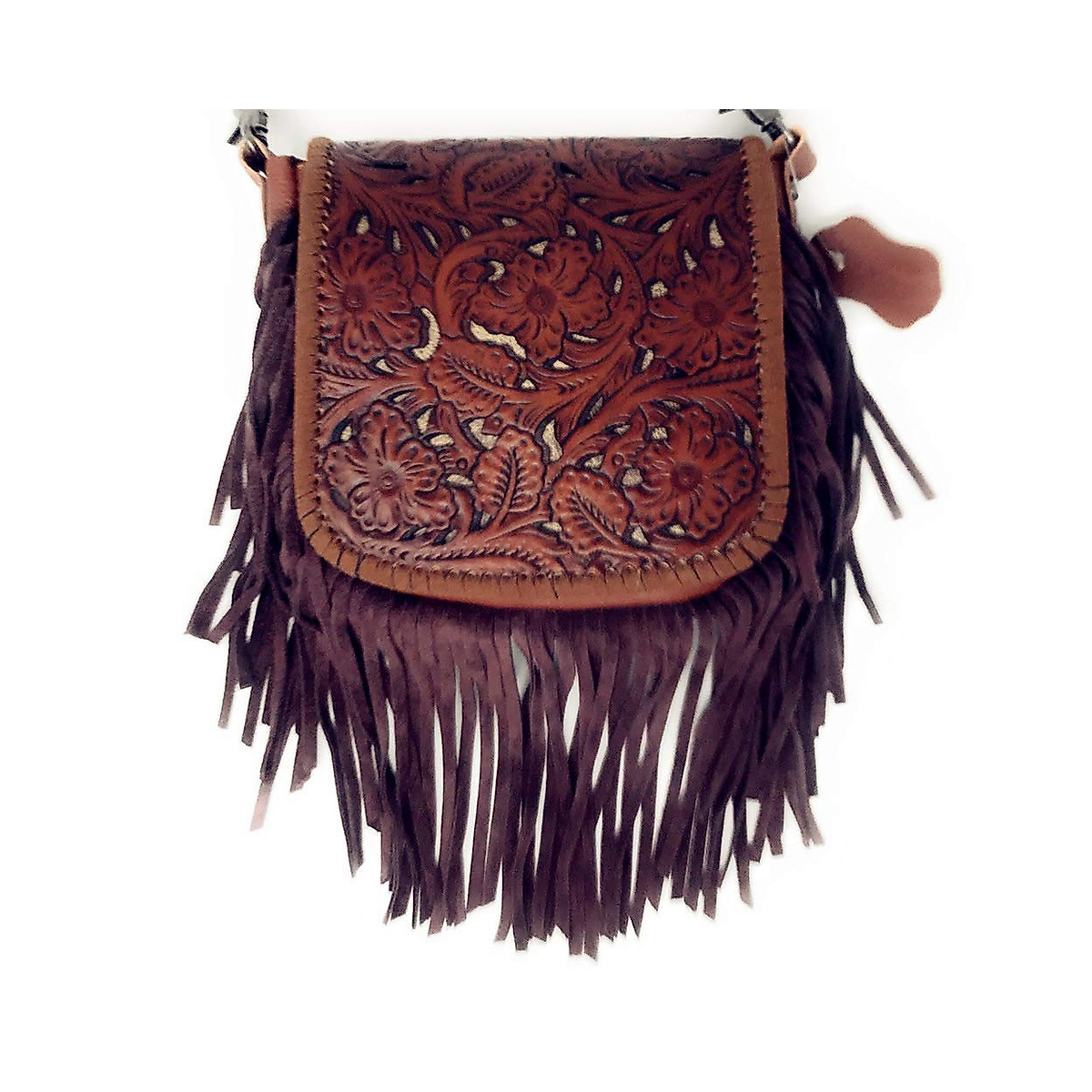 Western Genuine Leather Floral Tooled Fringe Womens Crossbody Bag 3 Color (Laser Cut Brown)