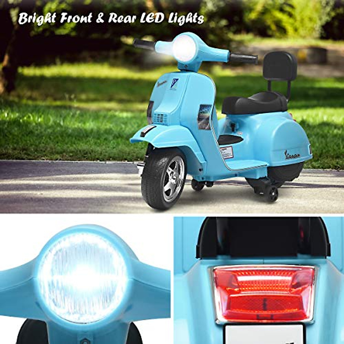 Costzon Kids Vespa Scooter, 6V Battery Powered Ride on Motorcycle w/Training Wheels, Music & Horn, LED Lights, Forward/Reverse, Rechargeable Electric Vehicle Gift for Toddler Boys Girls (Light Blue)