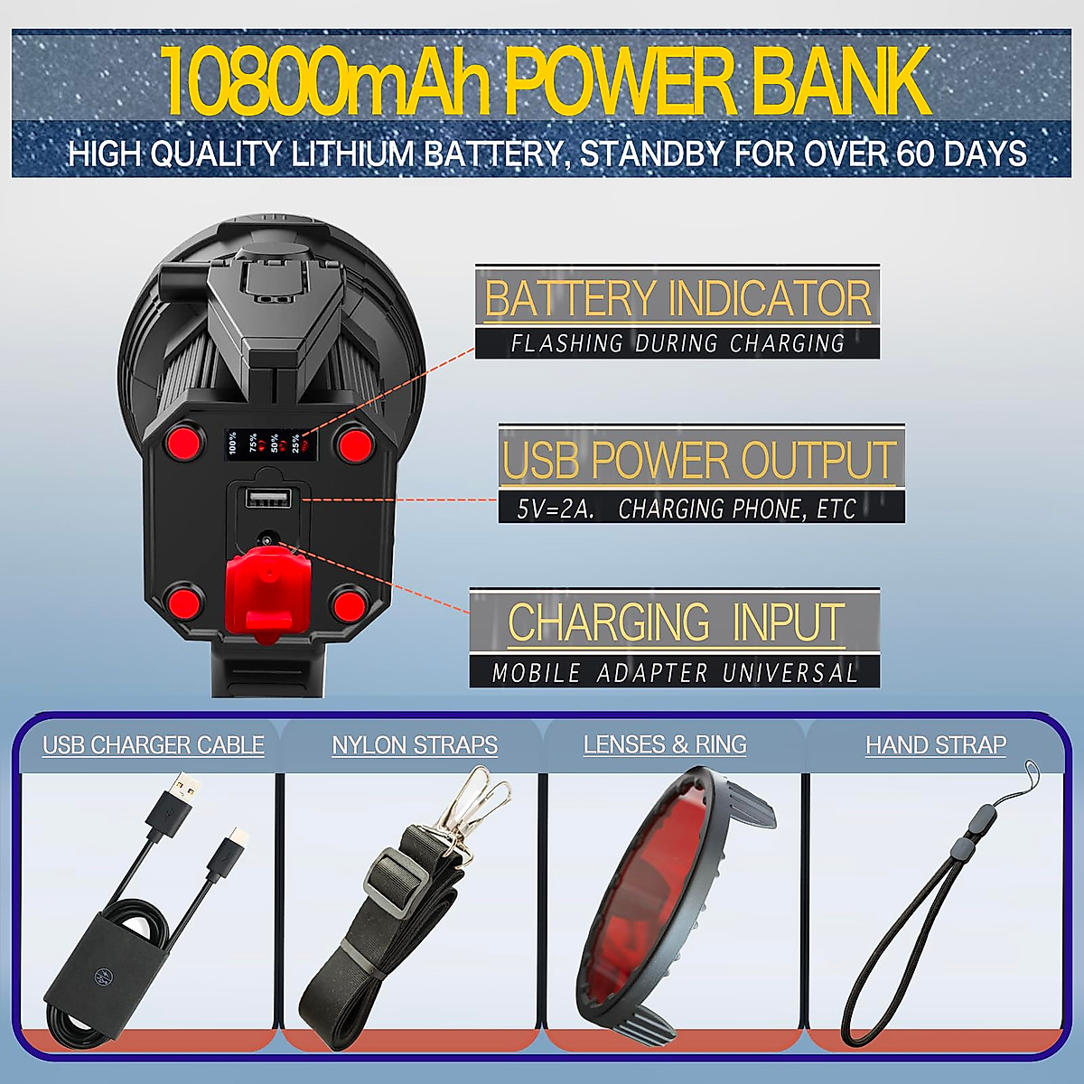 BIGSUN Rechargeable Spotlight, High Lumens 1000,000 LED Flashlight with Multi-Purpose Floodlamp, Built-in 10800mAh Battery Pack, Outdoor Handheld spot Light, for Farm, Hunting,Camping, Car, Boat