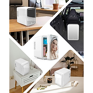Oterbear 4L Mini Skincare Fridge, Makeup Fridge with Dimmable LED Light Mirror, Cooler and Warmer, Cosmetic Refrigerator for Bedroom, Office, Dorm and Car, White