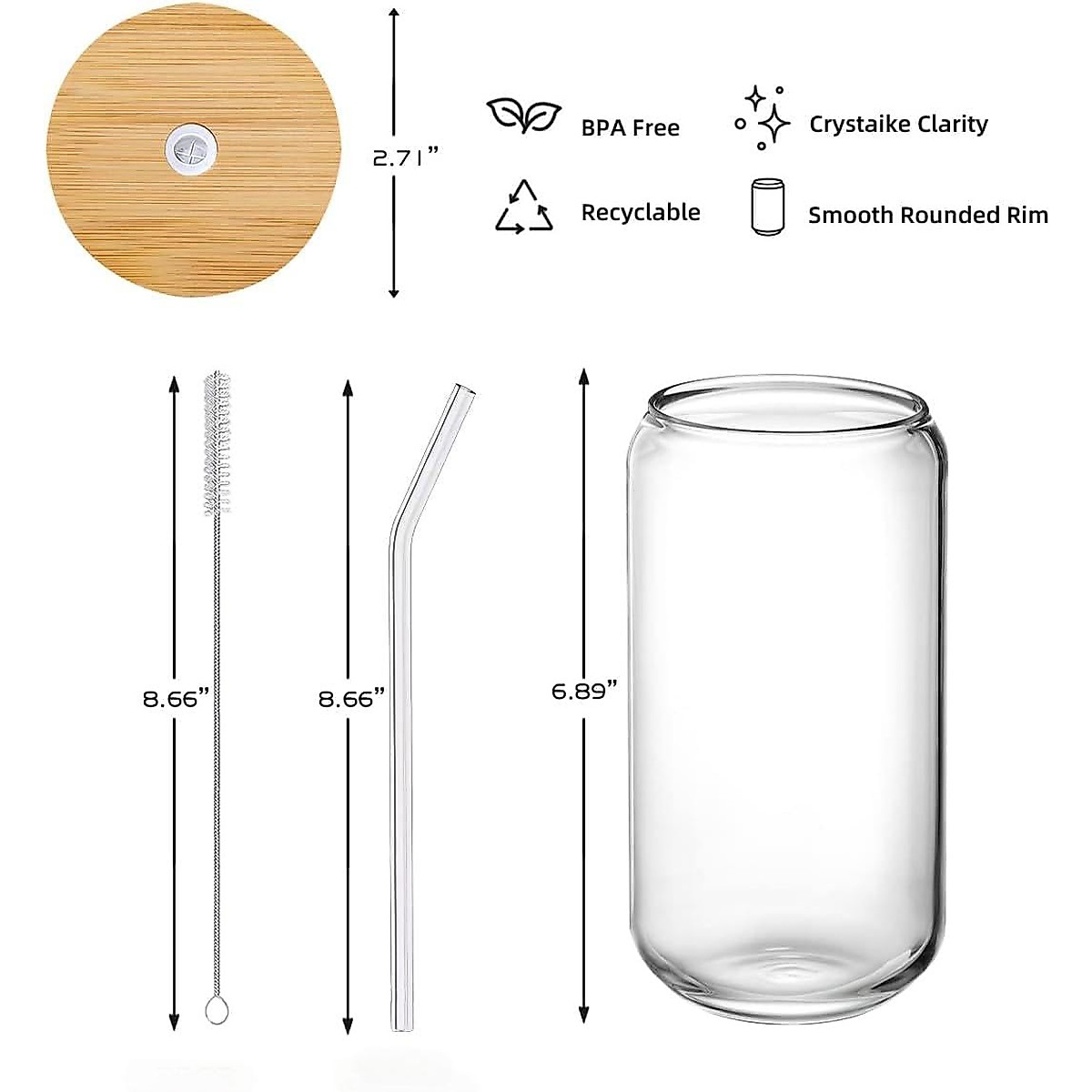 DAMCONME Glass Cups with Lids and Straws 1Pack,Glass Coffee Cups,Glass Cup with Lid for Iced Coffee,Smoothie,Cocktail,Beer,Whiskey,Soda,Matcha,16 Oz Glass Cup with Bamboo Lid,1 Brush